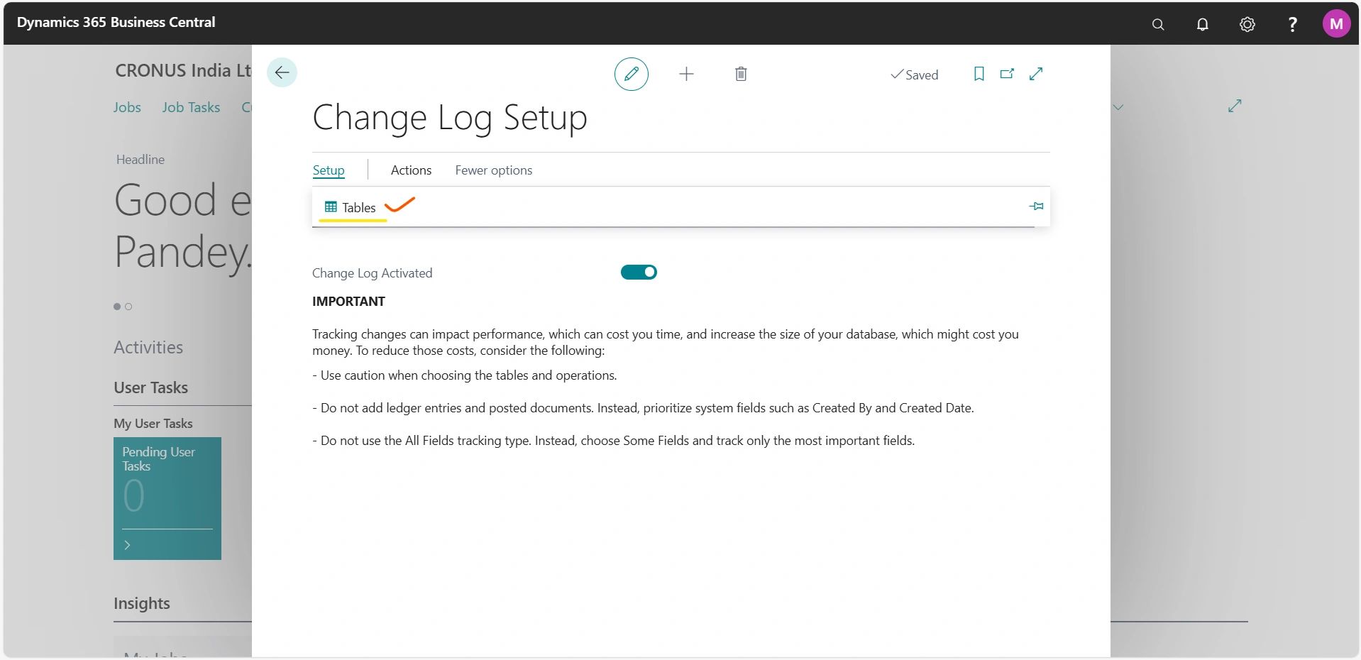 Change Log Setup in Business Central